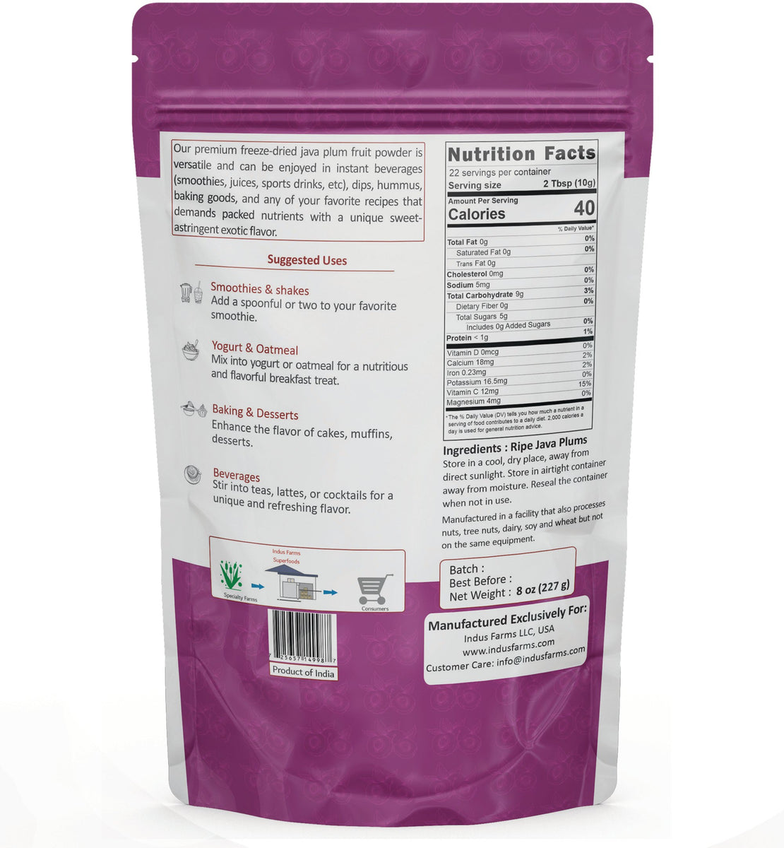 Indus Farms Superfoods Freeze Dried Java Plum Fruit Powder, 100% Pure,